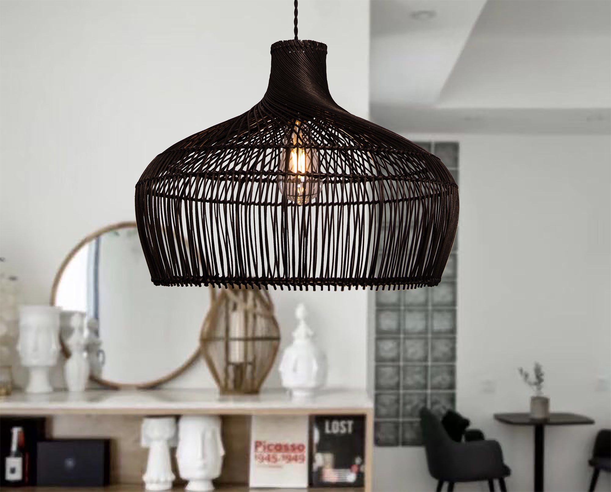 Bohemian Modern Hand-woven Rattan Pendant Light Farmhouse Coastal Hang